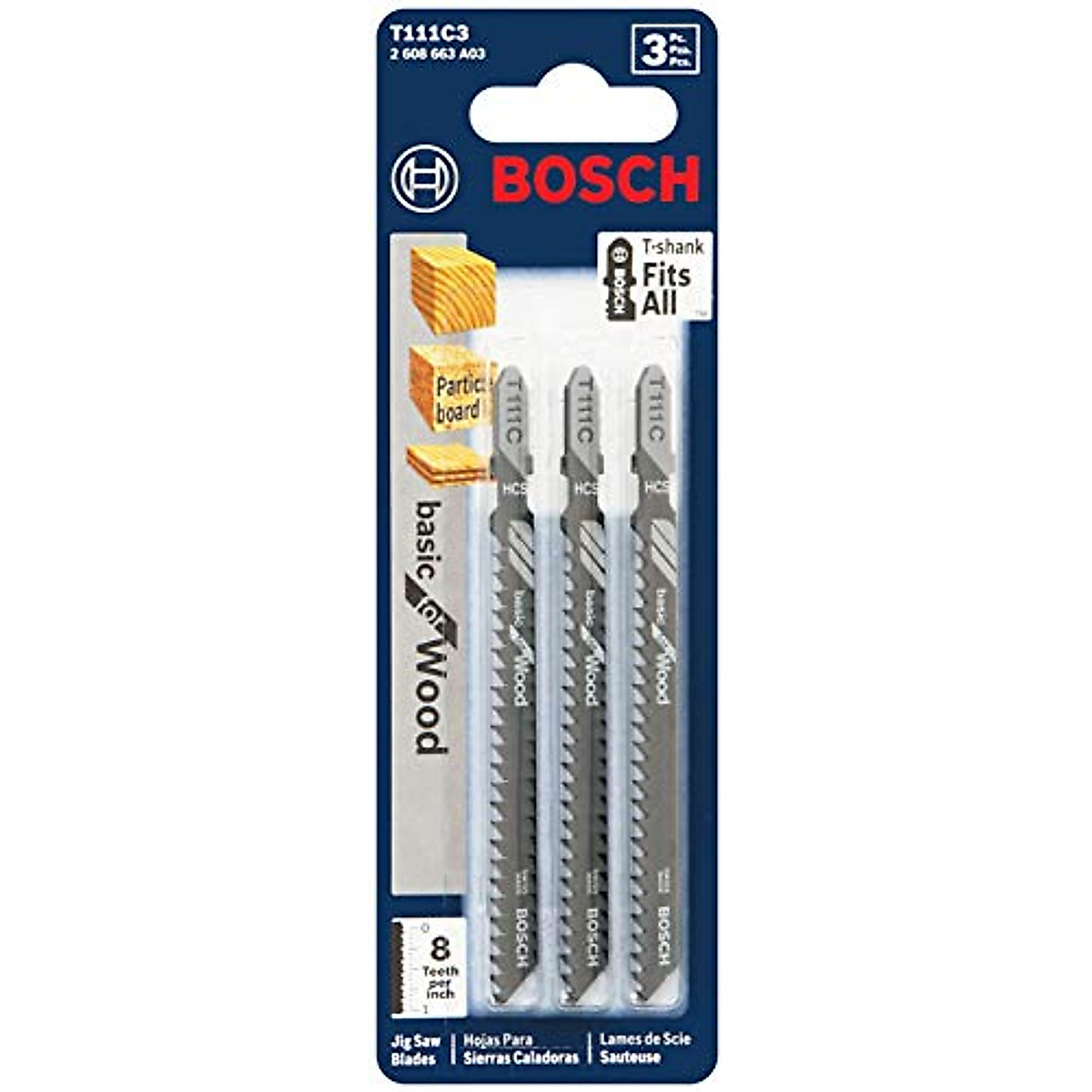 BOSCH T111C3 3-Piece 4 In. 8 TPI Basic for Wood T-Shank Jig Saw Blades