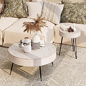 COZAYH 2-Piece Modern Farmhouse Living Room Coffee Table Set, Round Table Natural Finish with Handcrafted Wood Ring Motif, White