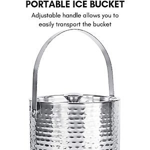 Ice Bucket With Lid, Insulated Hammered Ice Bucket for Cocktail Bar with Ice Tong, Double Walled Stainless Steel, 1.75 L, 1.84 Quarts, Ice Cold For 6 h with Handle (Silver Hammered)