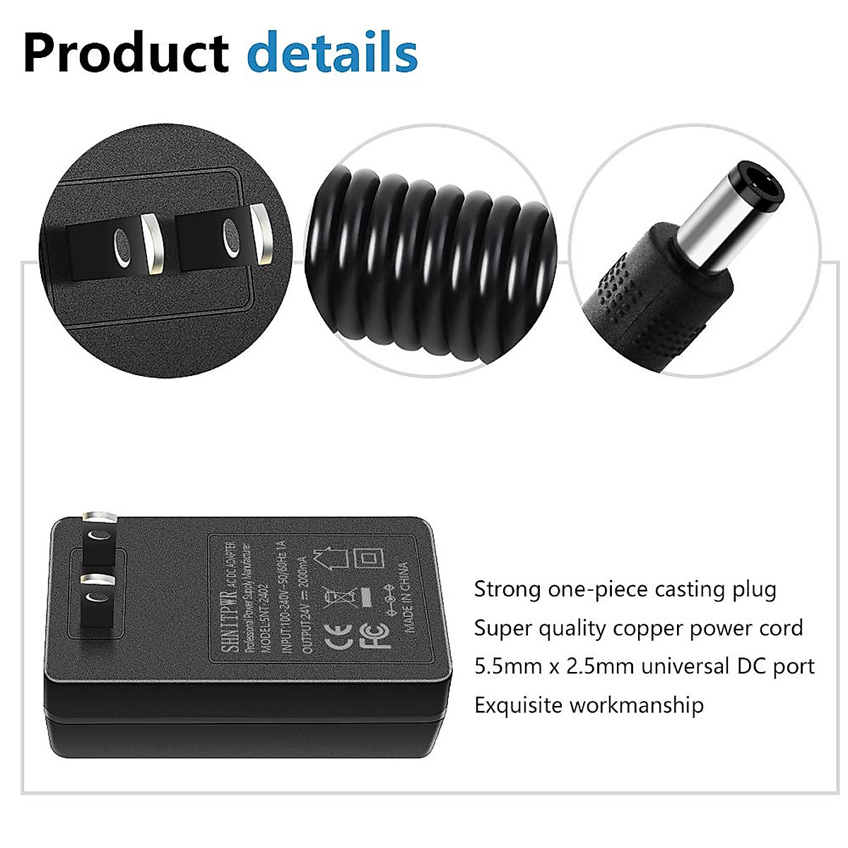 SHNITPWR 24V DC Power Supply Adapter 24 Volt 2A 48W AC to DC Converter Transformer 100~240V AC Input with 5.5x2.5mm DC Tip for 5050 3528 LED Strip 3D Printer CCTV Security System LCD Monitor