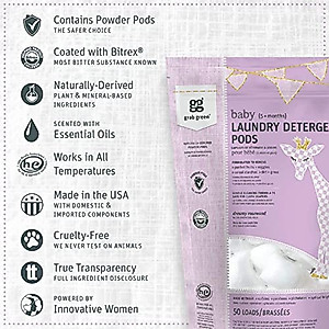 Grab Green Baby Laundry Detergent Pods, 50 Count, Dreamy Rosewood, Plant and Mineral Based, Formulated to Tackle Growing Baby (5 Months and Older) Laundry Stains