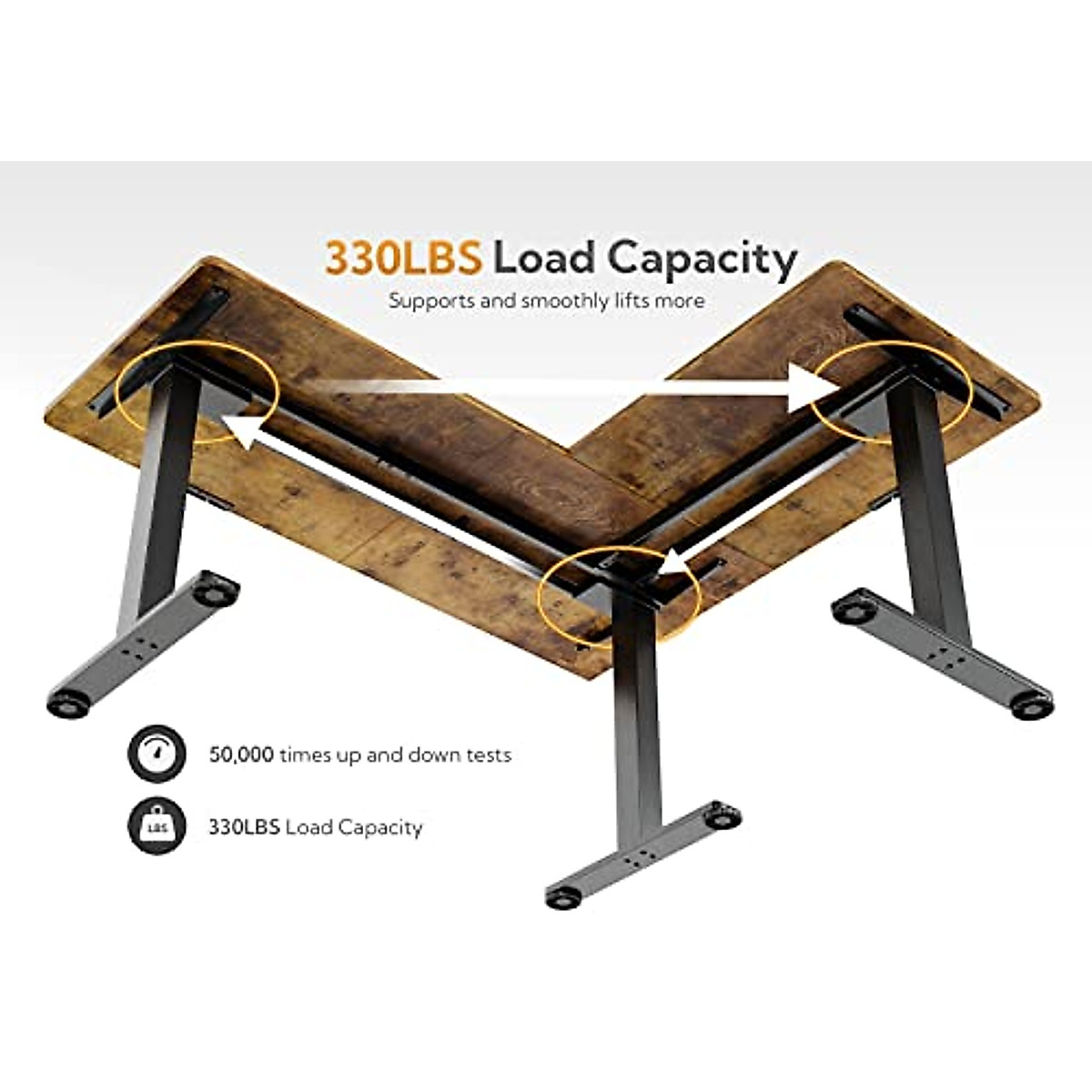 Claiks Triple Motor L Shaped Standing Desk, 63 x 55 inch Corner Stand Up Desk, Adjustable Height Desk with Splice Board, Black Frame/Rustic Brown Top