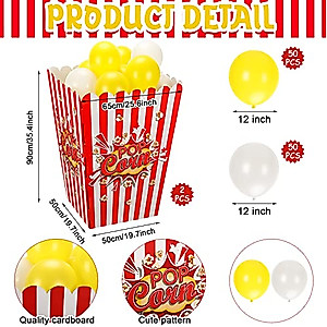 2 Pieces Giant Popcorn Box Cardboard Stand up with 100 Balloons Movie Popcorn 3D Popcorn Box Cardboard Stand up and Yellow White Popcorn Theme Balloons Carnival Decorations for Movie Themed Party