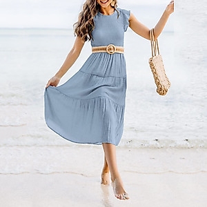 Sundresses for Women Cap Sleeve V Neck Dress Belt Wrap Split Boho Floral Dresses Wedding Party Maxi Sundresses Sky Blue