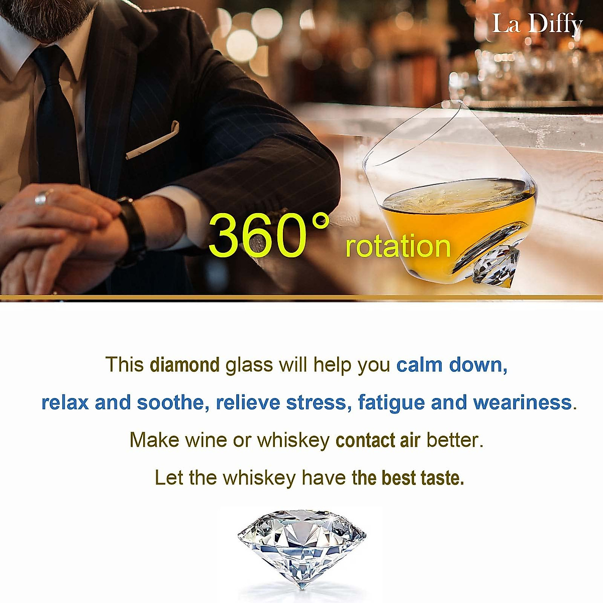 Whiskey Glasses Wine Glasses Rotating Bourbon Glassware Wine Gifts for Men Women Stemless Old Fashioned Glass Unique Brandy Cognac Snifter 11 OZ (set of 2)