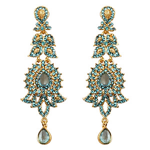 Touchstone Hollywood Glamour Oscar Collection Extra Long Chandelier Earrings, Indian Paisley Motif Filigree Turquoise Blue Rhinestones, Designer Bridal Jewelry, Antique Gold Tone