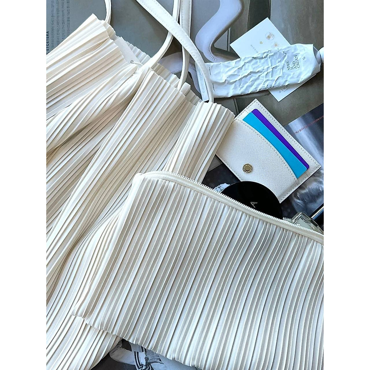 BLUEORB Each Bag Casual Washable Pleats Women's Versatile 100% Recycled Polyester Daily Shoulder Bag Tote Hobo Pouch Set (Butter Cream)