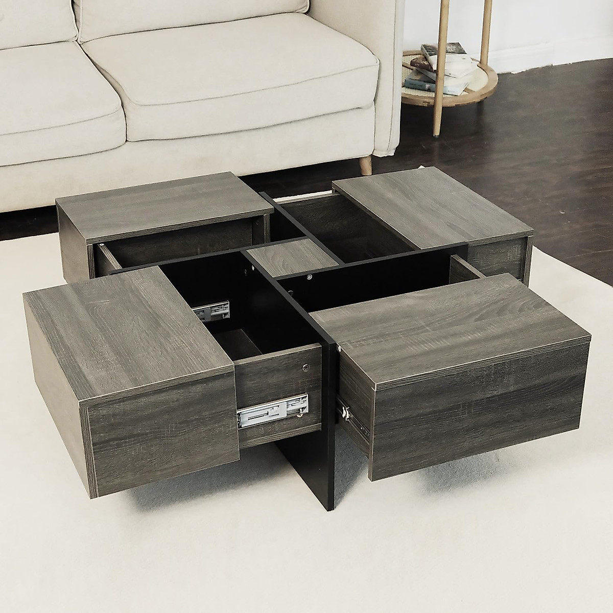 Furnnylane Modern Coffee Table with 4 Drawers,Square Coffee Table with Storage for Living Room,Grey,31.5" D x 31.5" W x 15.7" H