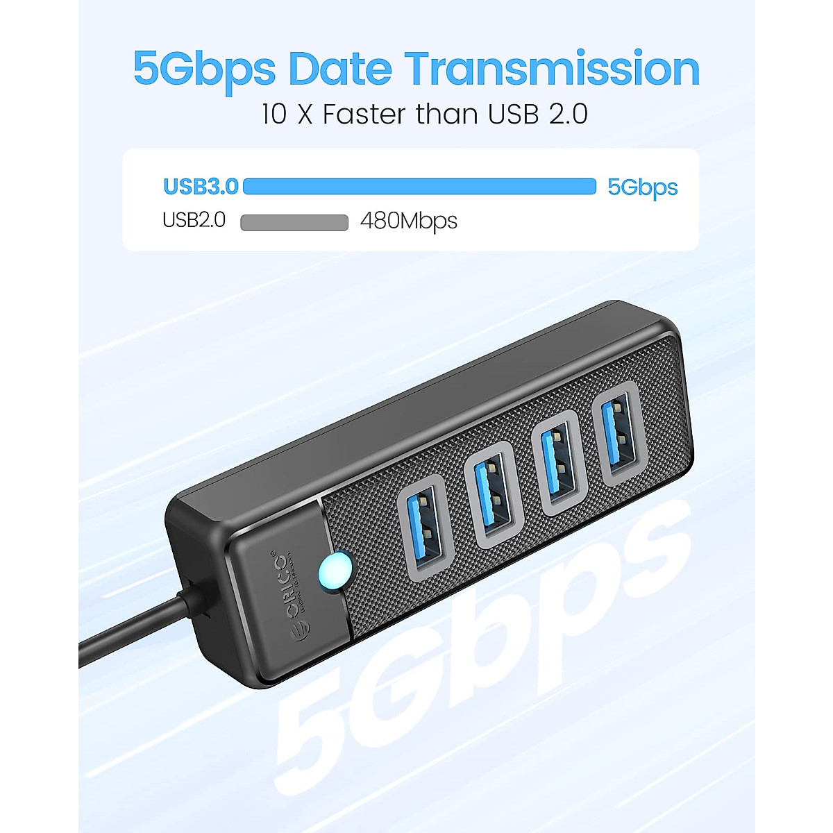 ORICO 4-Port USB HUB 3.0, USB Splitter for Laptop with 0.49ft Cable, Multi USB Port Expander, Fast Data Transfer Compatible with Mac OS 10.X and Above, Linux, Android-Black