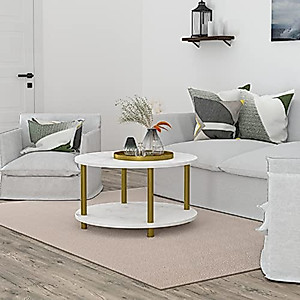 Round Coffee Table for Living Room，31.5’’ 2 Tier Modern Gold Coffee Table with Open Storage Shelf,Gold Metal Legs and White Faux Marble Table Top