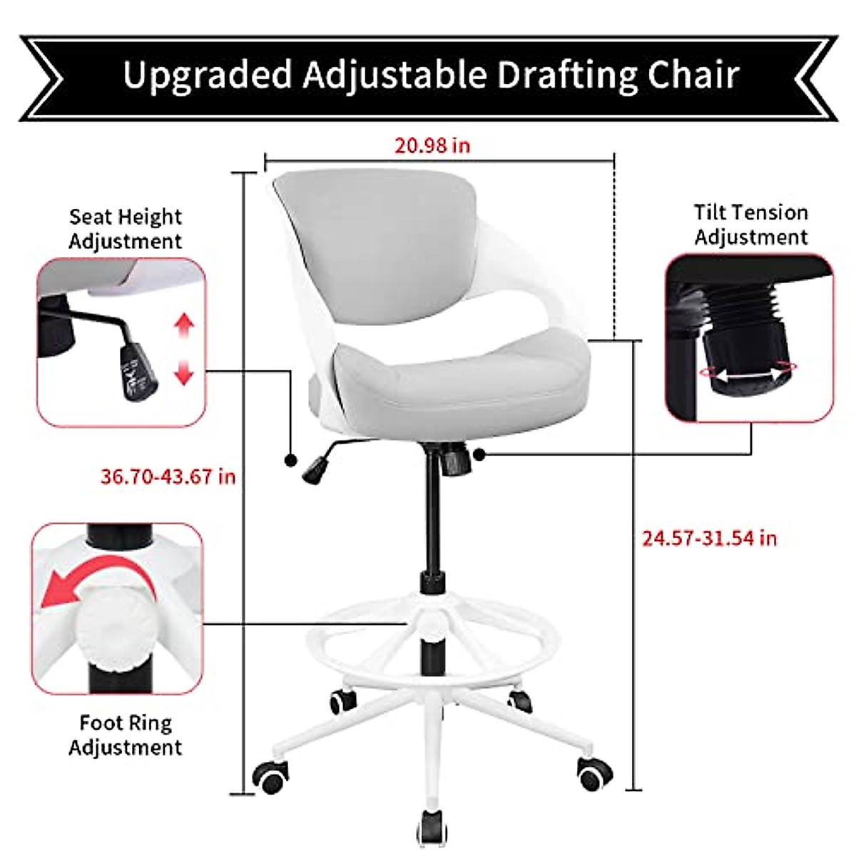 BOJUZIJA Tall Office Chair,Drafting Chair,Standing Computer Desk Chair with Foot Rest- Waist Support Function-Grey