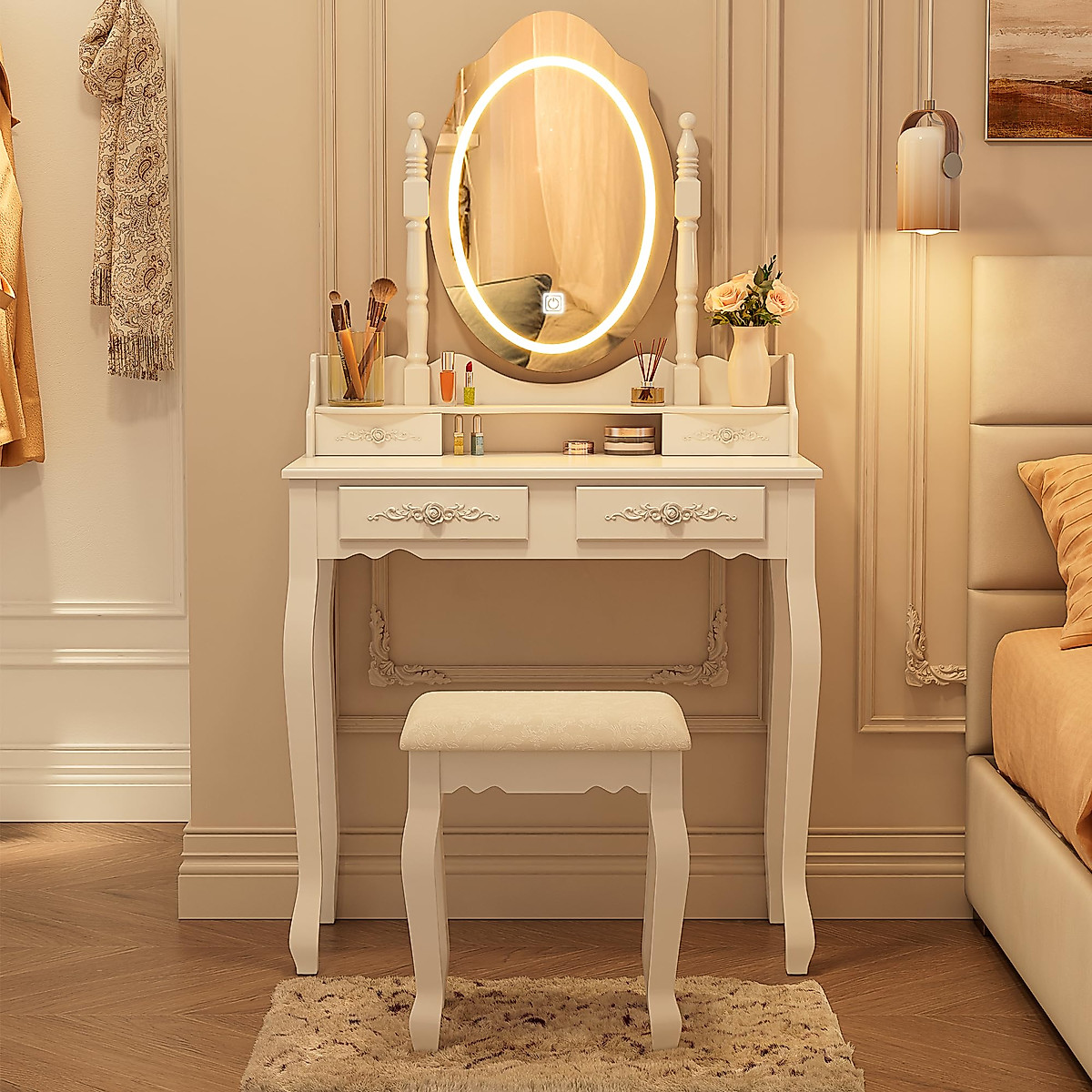 Vanity Desk with Mirror and Lights, Modern Vanity Makeup Table and Cushioned Stool Set with 4 Drawers, 3 Color Lighting Modes with Adjustable Brightness, Dressing Table Set for Bedroom (White)