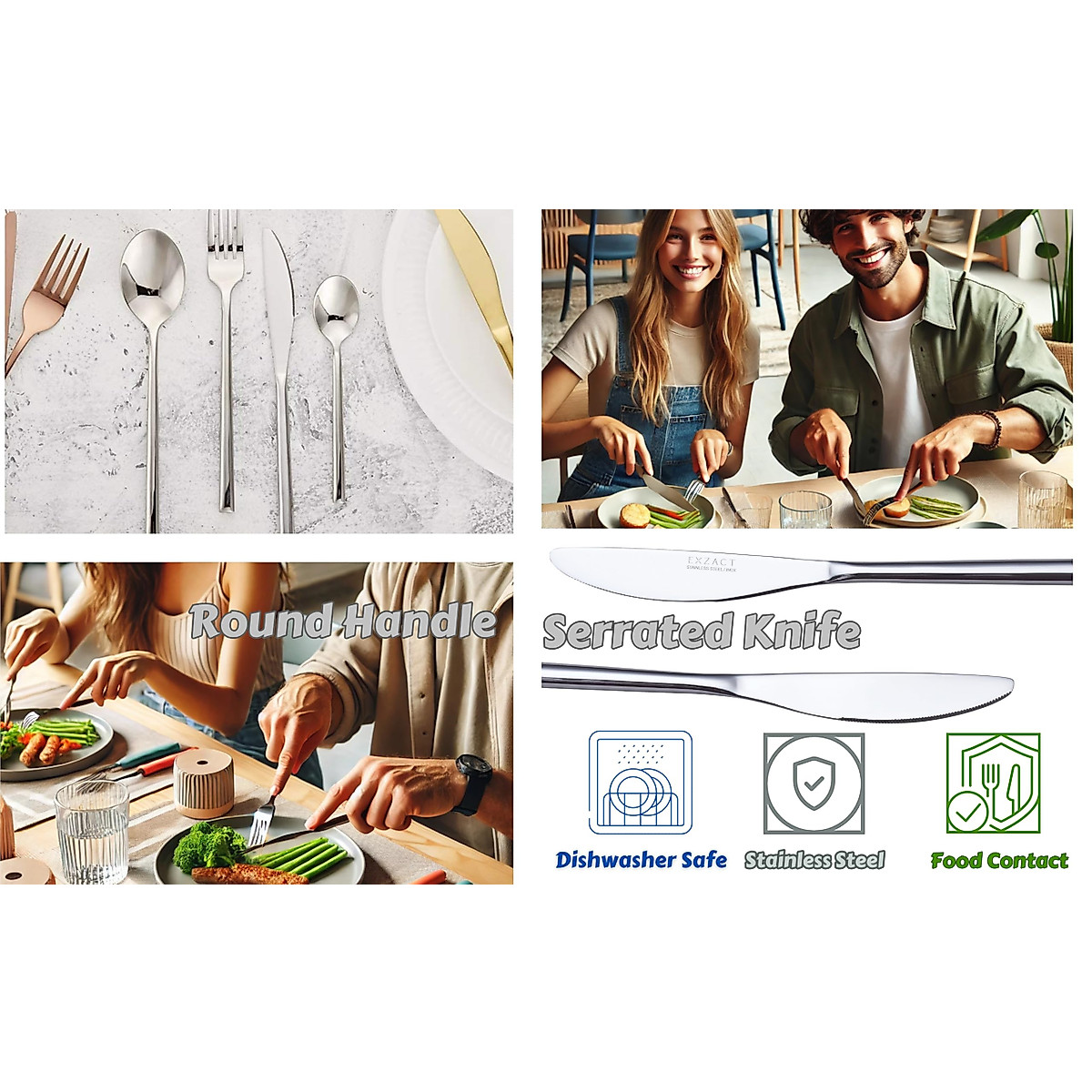 Exzact Silverware 24pcs Flatware Forged Stainless Steel - 6 x Forks, 6 x Table Knives, 6 x Tablespoons, 6 x Teaspoons - Service for 6 (24 pcs Hand Forged)