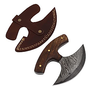 Hercules Knives Custom San Mai Damascus Steel Traditional Alaskan Ulu Knife Multi-Purpose Pizza Cutter, Vegetable Chopping, Boning Slicing Cutting Walnut Handle Leather Sheath (UL-05)