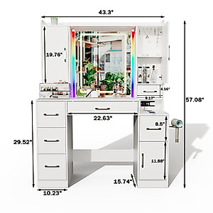 Hiwelldas Vanity Desk with Mirror and Lights, 43.3'' Large Makeup Vanity with RGB Ambient Light & Power Outlet, Dressing Table with 7 Drawers, 3 Cabinets, 6 Hooks,1 Dryer Rack,White