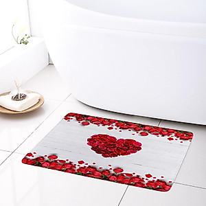 LB Happy Valentines Day Bathroom Rug Red Rose Flower Romantic Love Heart Bath Mat Rustic Floral Doormat Non Slip Memory Foam Super Absorbent Floor Mats,24Wx16H Inch