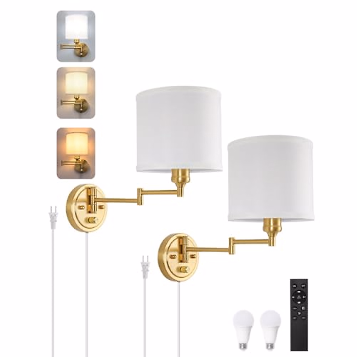 Plug in Wall Sconces with Remote Control, Dimming 10%-100% & Adjustable Colors 2700K-6500K, Hardwire or Plug-in, Swing Arm Wall Lamp with White Fabric Shade, Wall Sconces Set of Two, Gold Finish