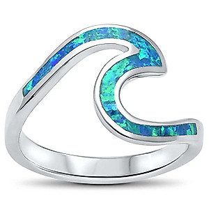 Oxford Diamond Co Wave Ocean Beach Lab Created Opal .925 Sterling Silver Ring Sizes 4-12. Colors Available (Lab Created Blue Opal, 5)
