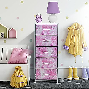 Sorbus Fabric Dresser for Kids Bedroom - Chest of 5 Drawers, Tall Storage Tower, Clothing Organizer, for Closet, for Playroom, for Nursery, Steel Frame, Fabric Bins - Wood Handle (Tie-dye Pink)
