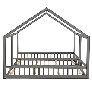 Ball & Cast Twin Size Double House Bed Frame with Guardrail,Two Shared Wooden Floor Beds with Roof for Kids Boys Girls,No Box Spring Needed,Gray