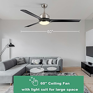 Homeybuff Ceiling Fan with Lights Remote Control, 60-Inch, Brushed Nickel(3 Blades), Dimmable LED Light