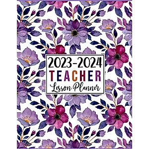 Teacher Lesson Planner 2023-2024: Large Weekly and Monthly Teacher Organizer Calendar | Lesson Plan Grade and Record Books for Teachers (Purple & Blue Watercolor Flowers)