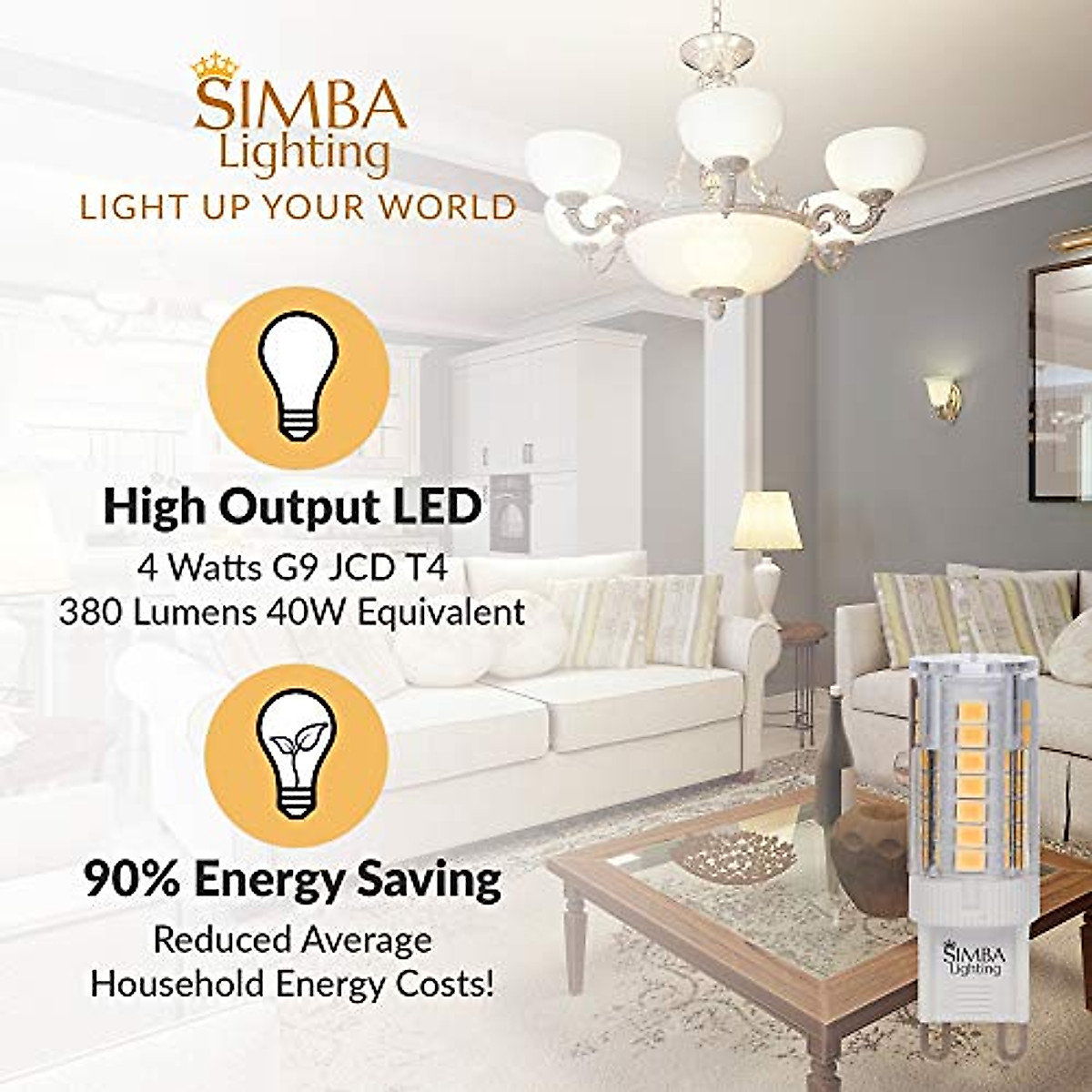 Simba Lighting G9 LED Light Bulb (5 Pack) 4W T4 40W Halogen Replacement for Pendants, Ceiling Lights, Desk Lamp, Wall Sconce, 120V JCD Bi-Pin Base Non-Dimmable, 3000K Soft White