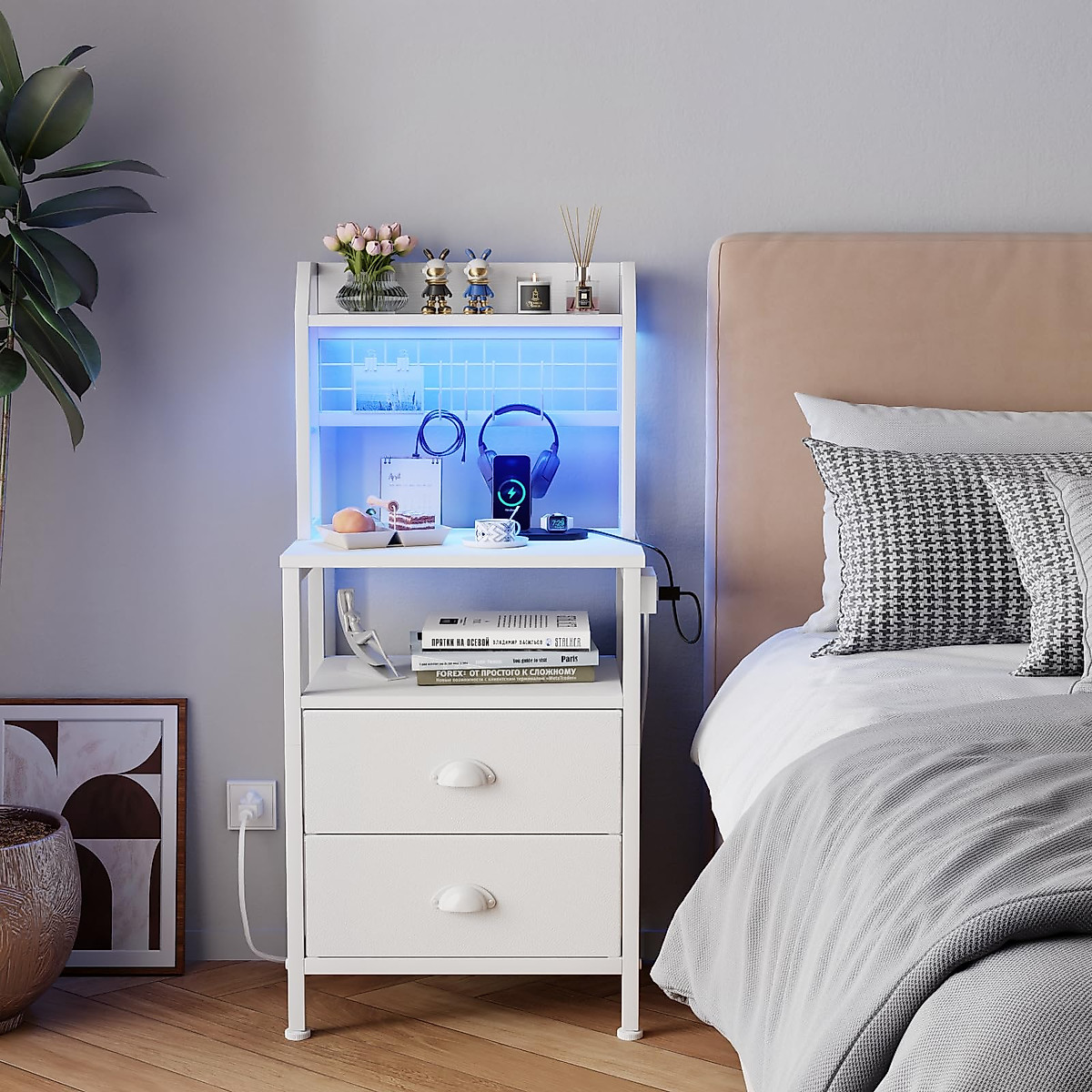 Furologee Tall Nightstand with Charging Station & LED Lights, 41'' Bedside Table with 2 Drawers & Pegboard, White Night Stand with Hooks & Folders, End Table with Shelves for Bedroom/Living Room