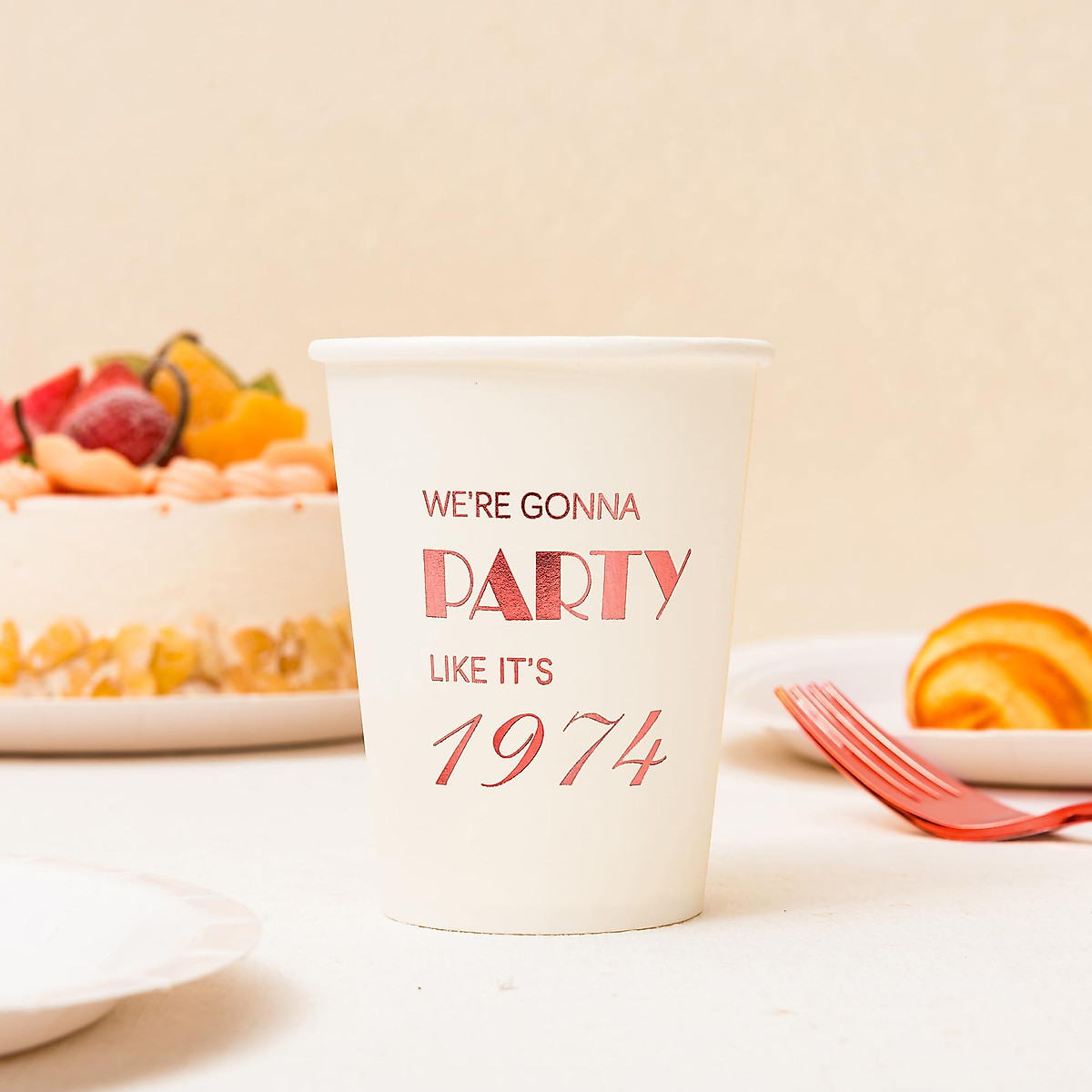 Crisky Rose Gold Tableware Set for Women 50th Birthday Party Decorations Supplies, Party 1974 Set of 24 (9" & 7" Plates, Luncheon Napkin, 9oz Cups, 106"×54" Tablecloth, Knife & Fork)