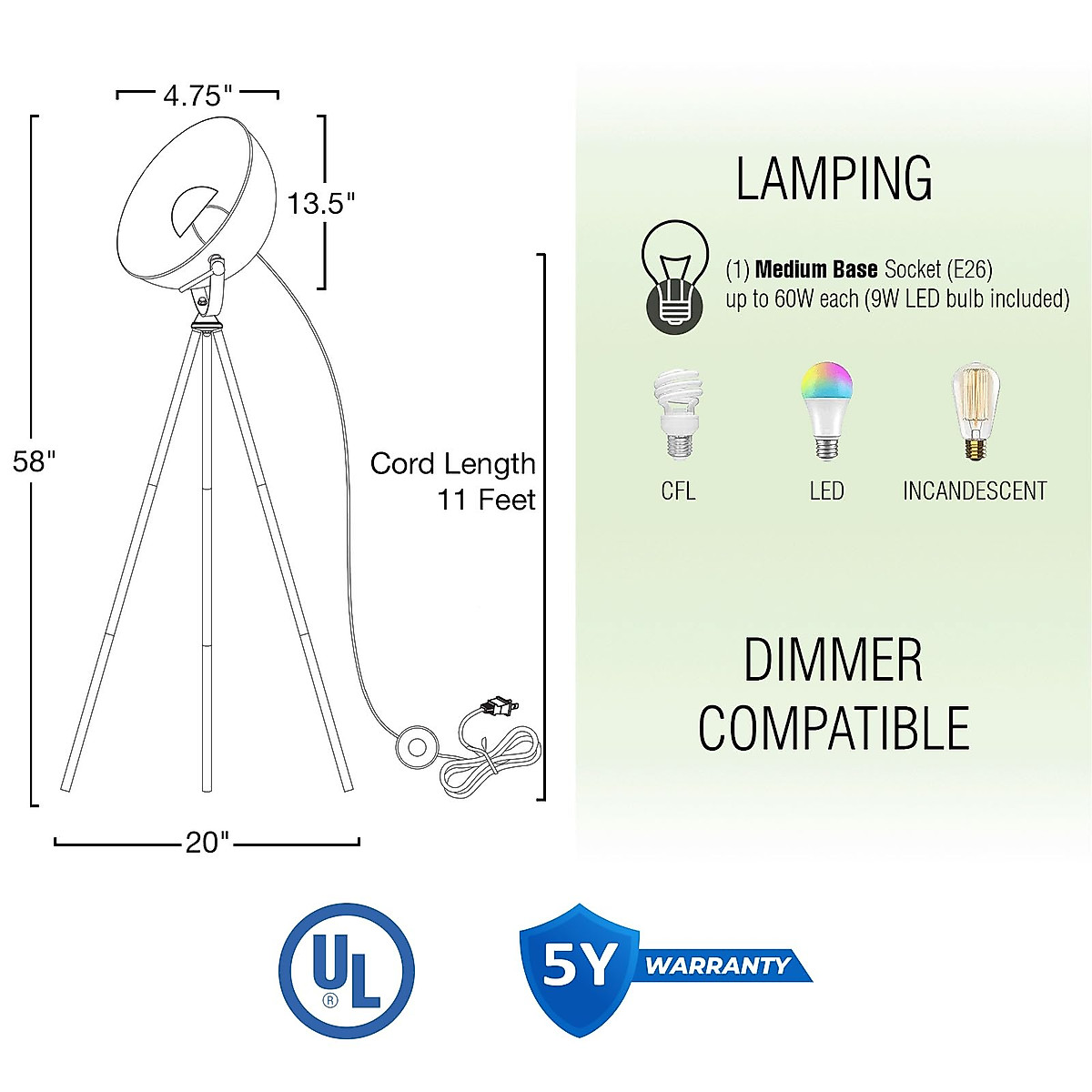Kira Home Sulis 58" Modern Industrial Tripod LED Floor Lamp + 9W Bulb (Energy Efficient/Eco-Friendly), Leather Accent Legs, Satellite Style Shade, Black Finish