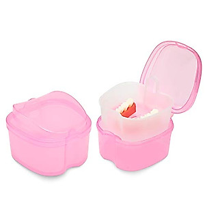 Dental Orthodontic Retainer Container Cleaning Case,Denture Bath Box Case Cup Holder, Mouthguard Storage Soaking Case - Leak Proof with Lid Waterproof - Pink