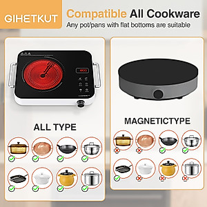 GIHETKUT Single Burner Electric Cooktop,1800W 110V Electric Stove Top with Knob Control, Portable Cooktop with 2 Handle,single burner electric stove with Double Ring Heating, 4 hours Timer