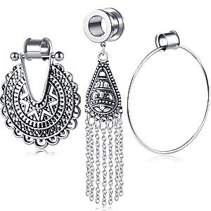 TIANCI FBYJS 3 Pairs Dangle Ear Plugs Tunnels Stainless Steel Pendant Ear Gauges Expander Stretcher Ear Piercing Jewelry (10mm=00g)