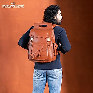 Handmade World Full Grain 18 Inch Leather Laptop Large Backpack Casual Bookbag Daypack Camping Travel Rucksack Knapsack (Tan Brown)