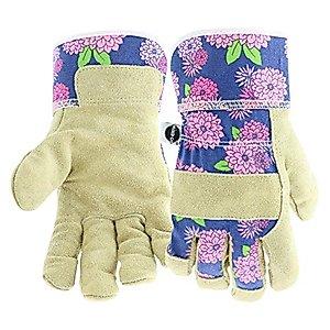 Miracle-Gro MG23012/WML Split Cowhide Garden Gloves – Floral, Medium-Large, Canvas Back Leather Palm Gloves for Women