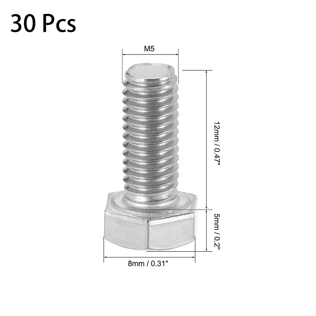 30 Pcs M5 Hex Bolt M5-0.8 x 12mm UNC Hex Head Screw Bolts A2-70(304) Stainless Steel Fully Threaded Hex Tap Bolts,Fully Threaded (M5 x 12mm)