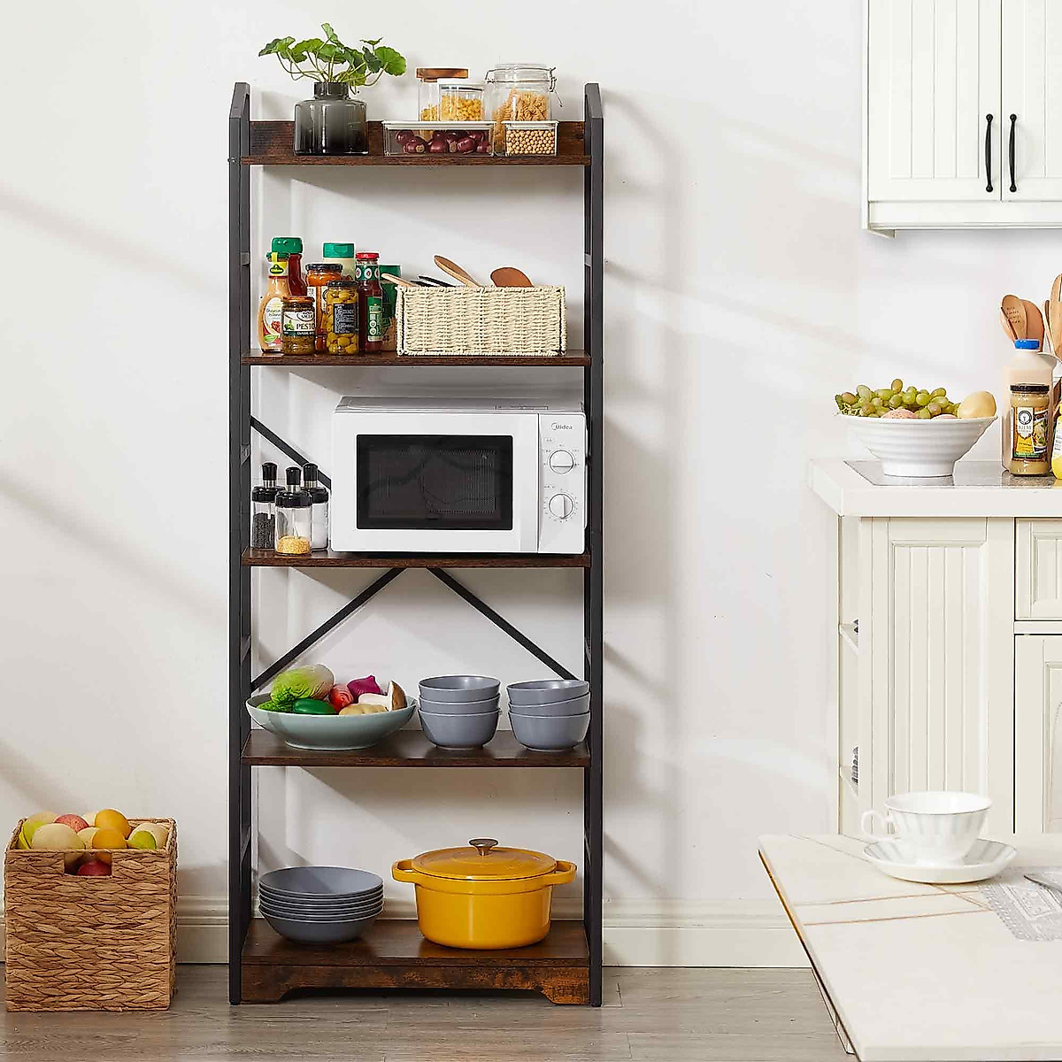 Vagusicc 5 Tier Bookshelf with 2 Storage Baskets, Tall Bookcase Shelf Storage Organizer Wood Book Shelf, Modern Shelf Rack Shelves with Steel Frame, Multipurpose Bookshelf for Bedroom Living Room