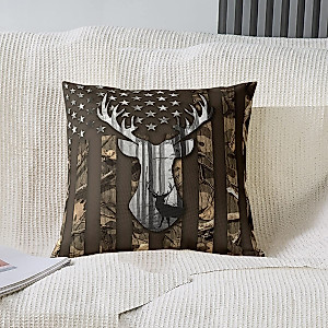 Camo American Flag Reversible Print Pillow Cover,Deer Antlers Brown Camouflage Pillowcase Soft Square 18"x18" Cushion Case,Wild Animal Branches Leaves Stars Throw Pillow Cover Set of 2 forRoom Decor