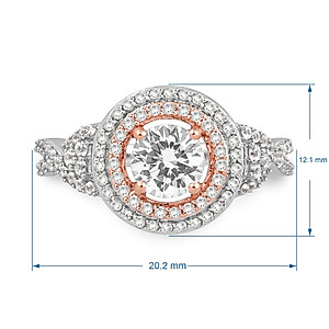 Jewelili 14k Rose Gold Plated Sterling Silver with 6 MM Centre Round Created White Sapphire Halo Ring, Size 7