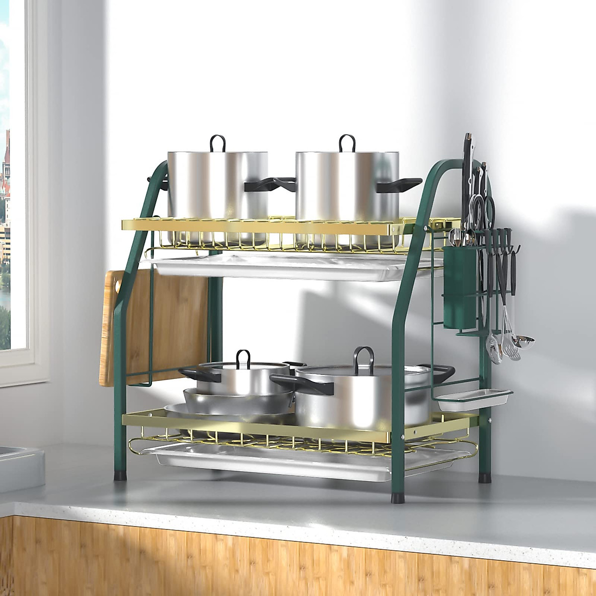Boiarc Dish Drying Rack, 2 Tier Dish Rack for Kitchen Counter with Drainboard and Utensil Holder, Large Dish Drainer for Small Kitchen - Gold and Green¡­