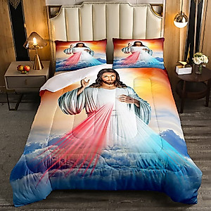 Erosebridal Jesus Comforter Set, Christian Easter Duvet Sets Full Size for Teens Adult Women Bedroom Decor, Mary Bless Down Comforter Religious Culture Quilted Duvet 3 Pieces with 2 Pillow Cases