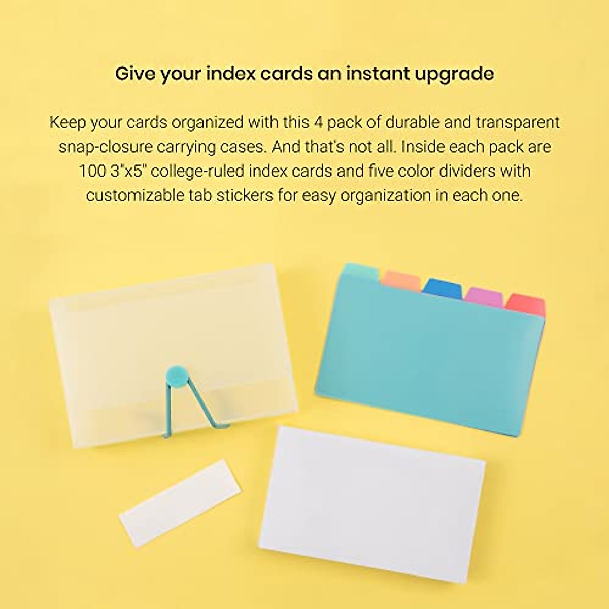 Yoobi Index Card Organization Set - 4 Pack - 3x5 Index Cards with Colorful Tab Dividers in Index Card Cases - 100 Cards Per Box, College Ruled Index Cards, Index Card Dividers Sticker Labels - 4 Pack