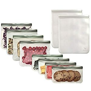 Reusable Food Storage Bags, Set of 10 (2 Lunch + 4 Sandwich + 4 Snack), by Better Kitchen Products, with Double Zip Lock Closure, for Food, Travel, and General Use, Thick PEVA Material, TSA Conformity
