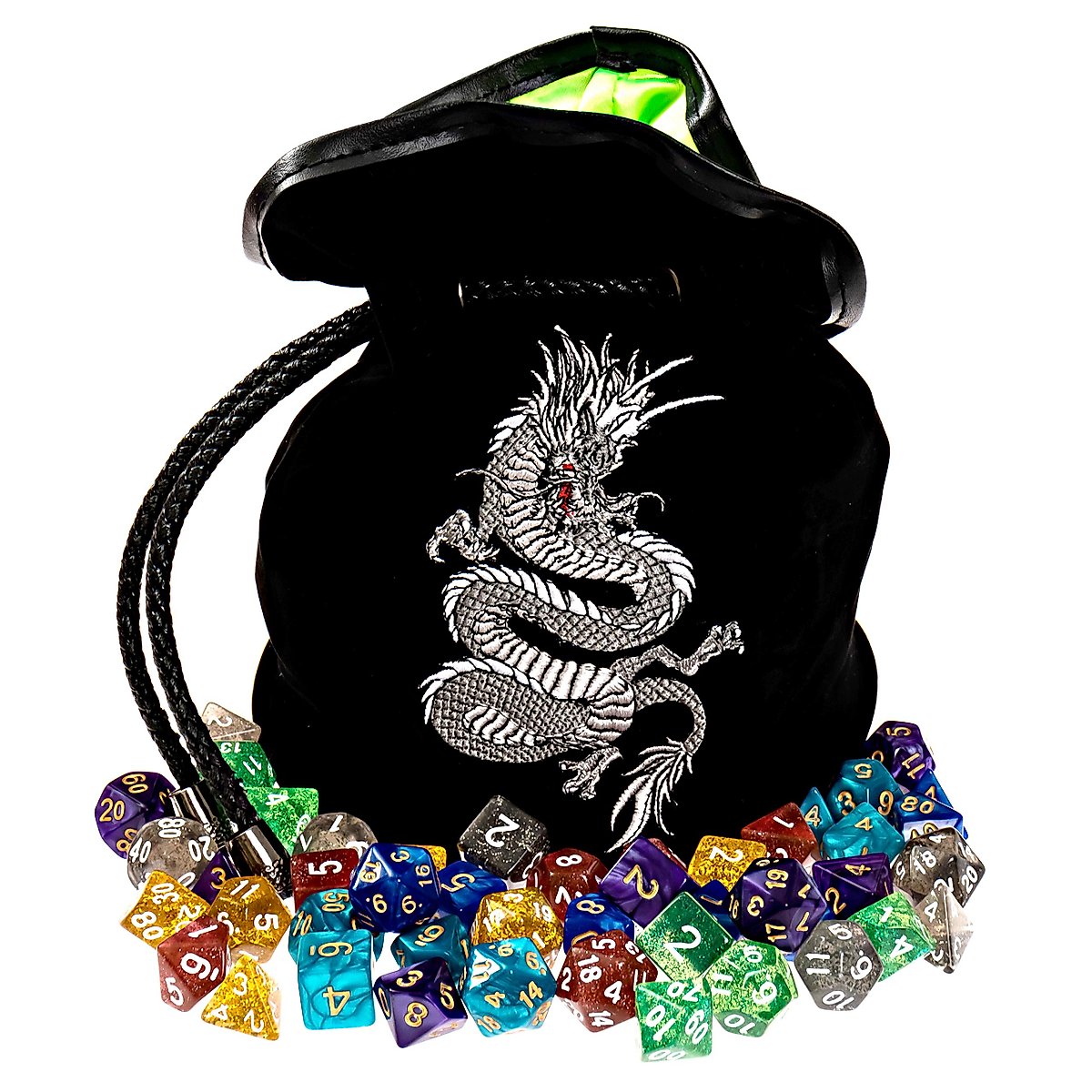 Large Dice Bag with 7 Complete Dice Sets | Dragon DND Dice Bag and 49 Polyhedral Dice | Black Dice Bag with Pockets