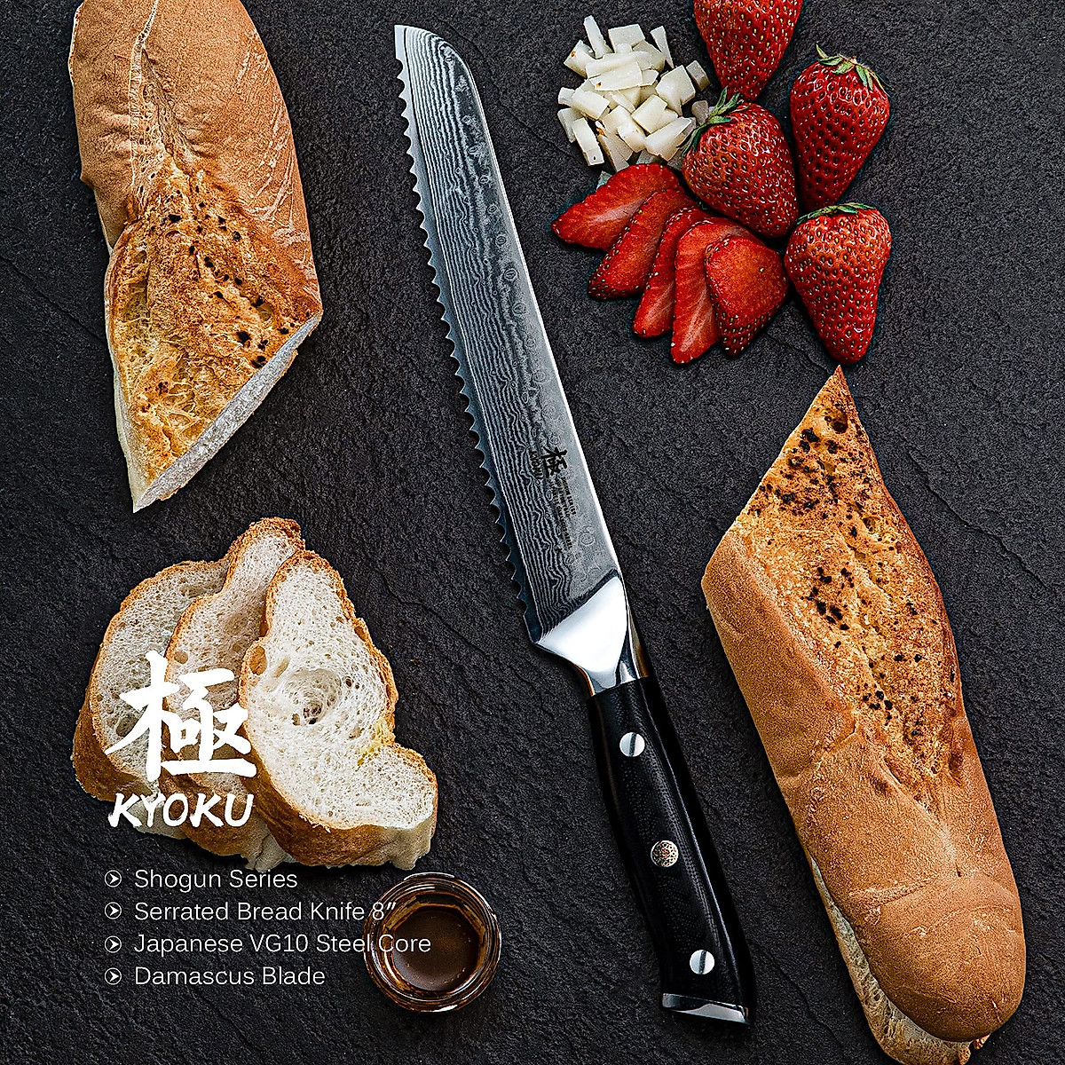 KYOKU 6" Utility Knife +7'' Cleaver + 8'' Serrated Bread Knife + 8.5'' Kiritsuke Knife - Shogun Series - Japanese VG10 Steel Core Forged Damascus Blade