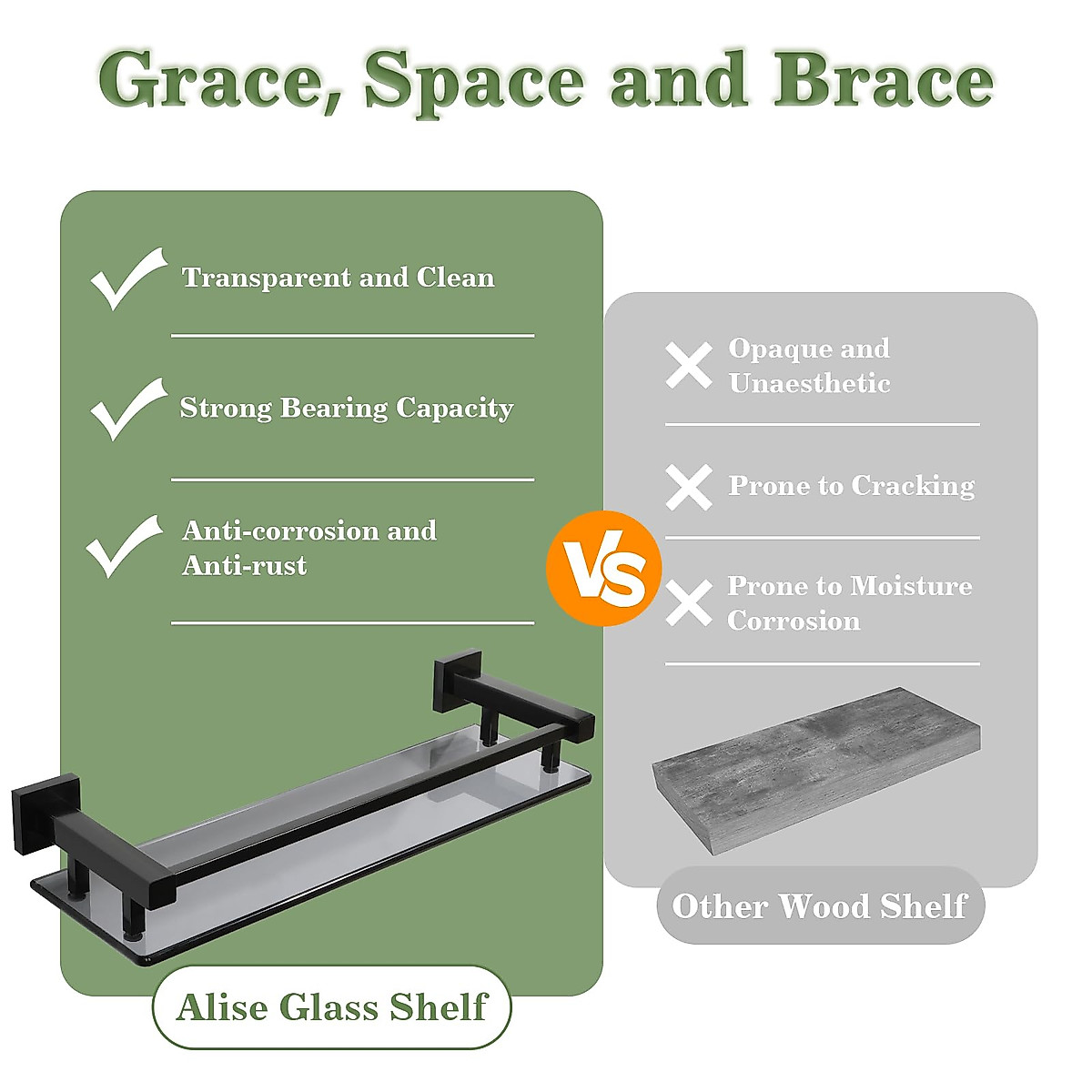 Alise Glass Bathroom Shelf, Matte Black Tempered Glass Shelves for Bathroom, Stainless Steel Modern Bathroom Floating Shelves Wall Mounted, 16 inch