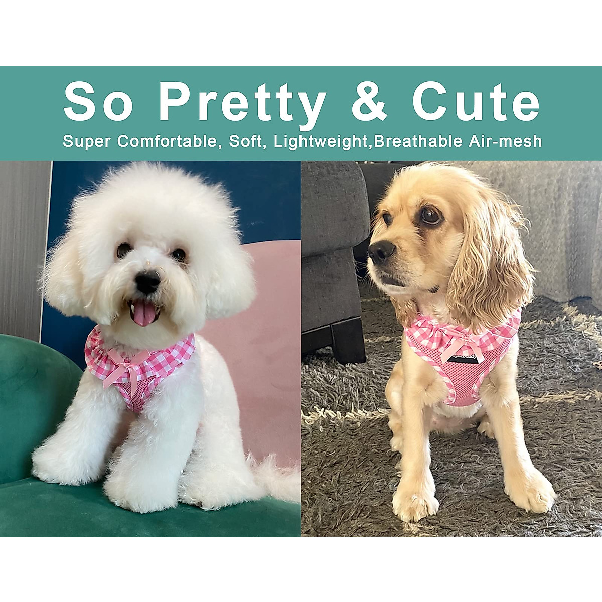 SuperBuddy Upgraded Soft Mesh Dog Harness, Super Breathable Lightweight Pet Harnesses for Puppy Dogs Outdoor Walking, Pink Dog Harness and Dog Leash Set Packing -Medium