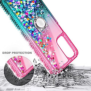 NZND Compatible with Motorola Moto G Stylus 5G (2022) Case with Tempered Glass Screen Protector (Maximum Coverage), Ring Holder/Wrist Strap, Glitter Liquid Floating Waterfall Cute Case (Pink/Aqua)
