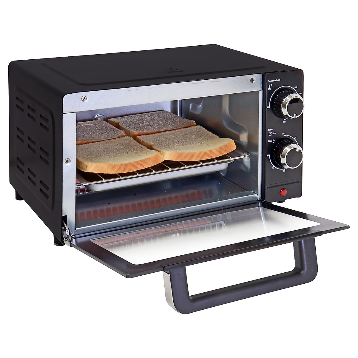 Total Chef Toaster Oven 4 Slice Small Compact Kitchen Appliance Pizza Bake Toast Rost Broil Bread toaster auto shutoff Crumble tray Natural Convection Countertop Black And Stainless Steel