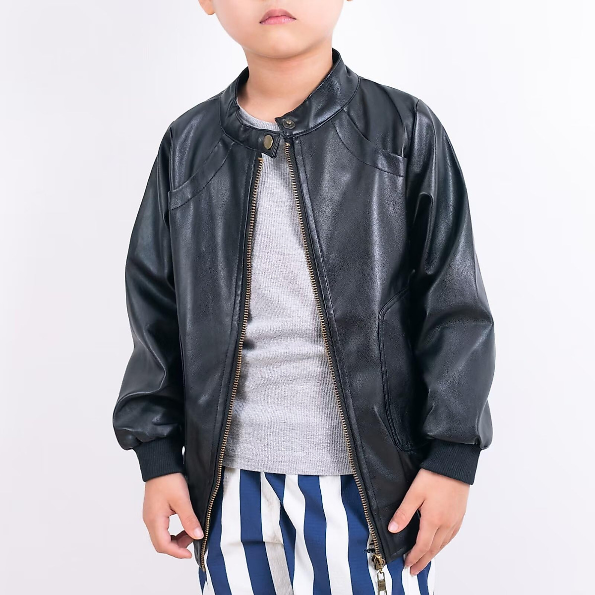 Chinaface Boy's Trendy Stand-Collar PU Leather Spring Moto Jacket Black-Large (Tag140, 9/10T)